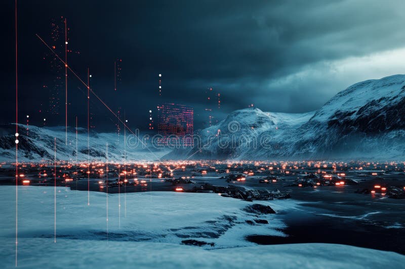 Dramatic Winter Landscape with Glowing Lights and Mountains in a ...