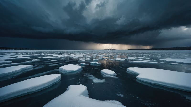 Dramatic Dark Clouds Over Icy Lake, Winter Landscape Stock Illustration ...