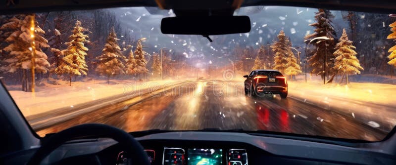 Driving through a Snow-covered Forest on a Winter Night Stock Image ...