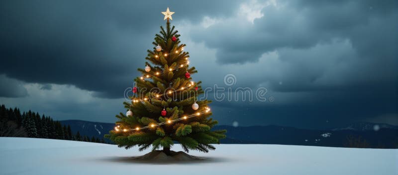 Dramatic Winter Scene Featuring a Christmas Tree Adorned with Twirling ...