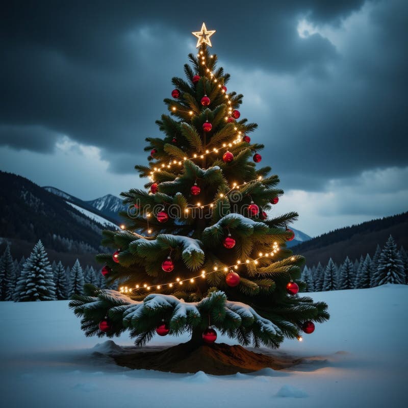 Dramatic Winter Scene Featuring a Christmas Tree Adorned with Twirling ...