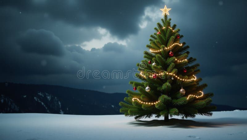 Dramatic Winter Scene Featuring a Christmas Tree Adorned with Twirling ...
