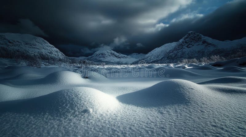 A Dramatic Winter Scene with a Snow-covered Landscape and Rolling Hills ...