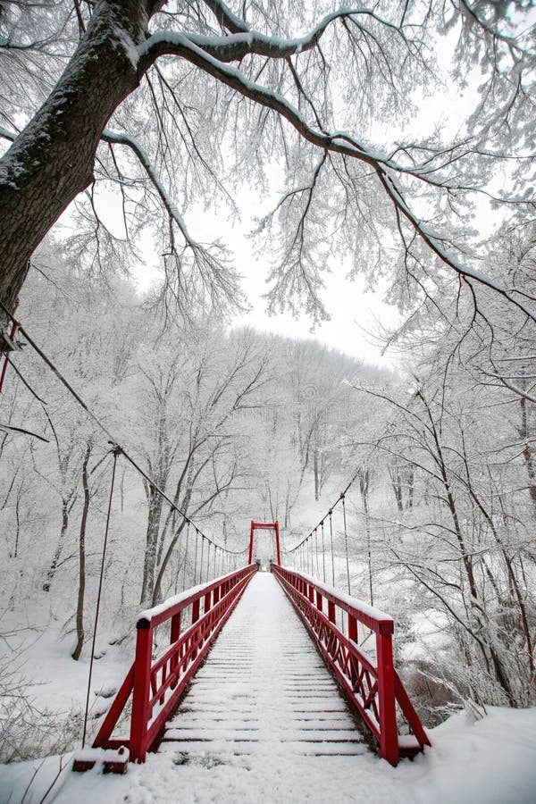 Lonely Red Bridge Dramatic Winter Snow Landscape Stock Illustration ...