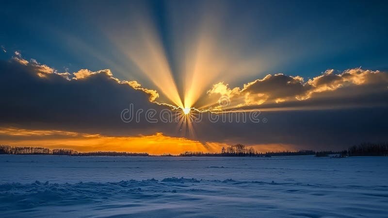 Dramatic Winter Sunset with Sun Rays Bursting through Dark Clouds Over ...