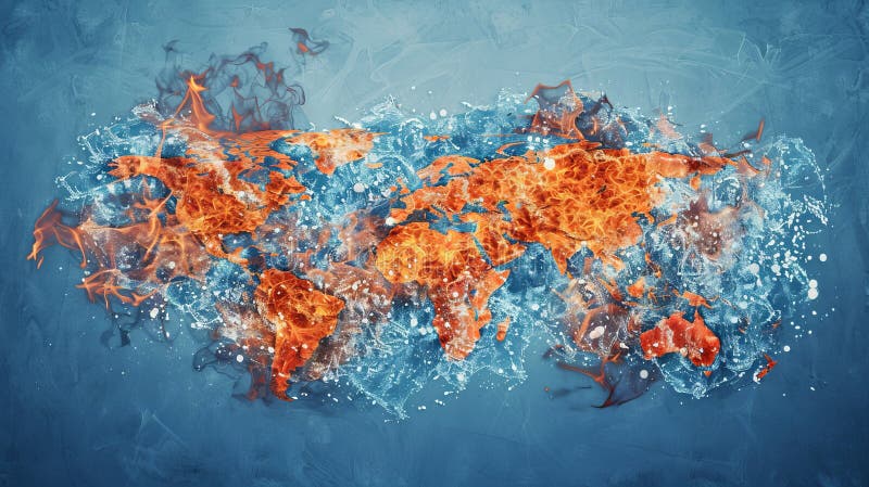 Dramatic World Map in Flames and Frost a Visual Commentary on Climate ...