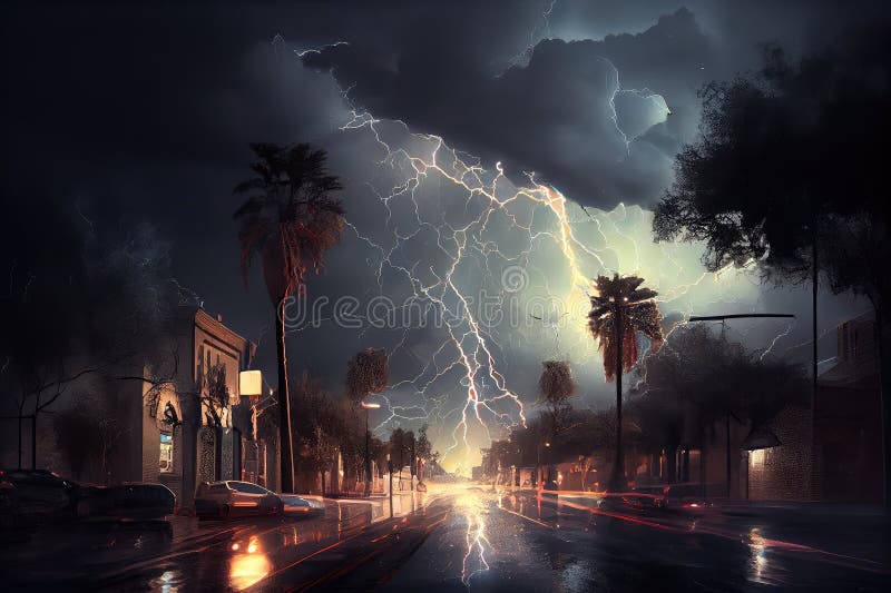 Dramtic Thunderstorm, with Lightning Illuminating the Sky and Raindrops ...