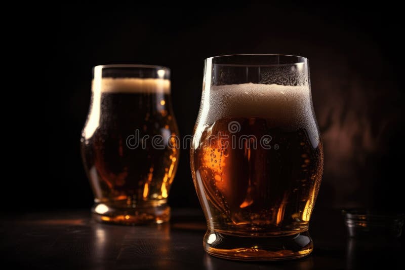 Draught Beer in Glasses on Dark Background, with Blurred Light and ...