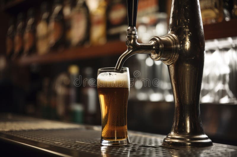 Draught Beer Tap, with the Fresh and Foamy Brew Flowing into a Glass ...