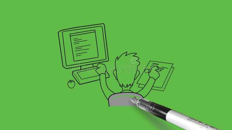Draw Backside of Young Man Sit on Chair Doing Work on Computer and ...