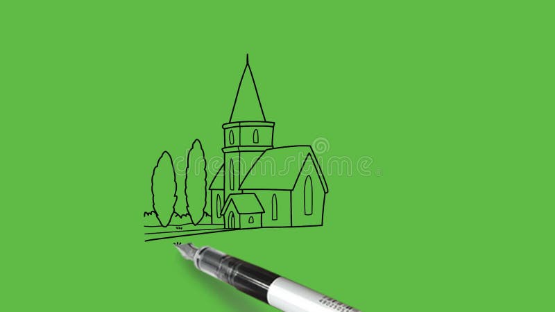 Draw Big Building with Huts and Green Trees Around it with Black ...