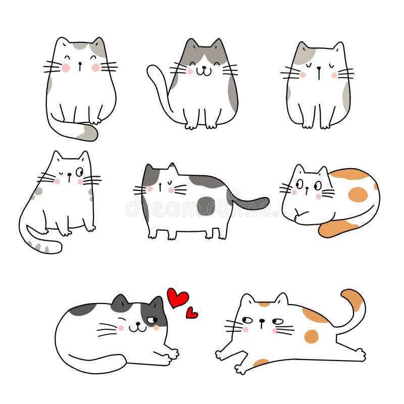 Draw Collection Funny Cats Doodle Cartoon Style. Stock Photo - Image of ...
