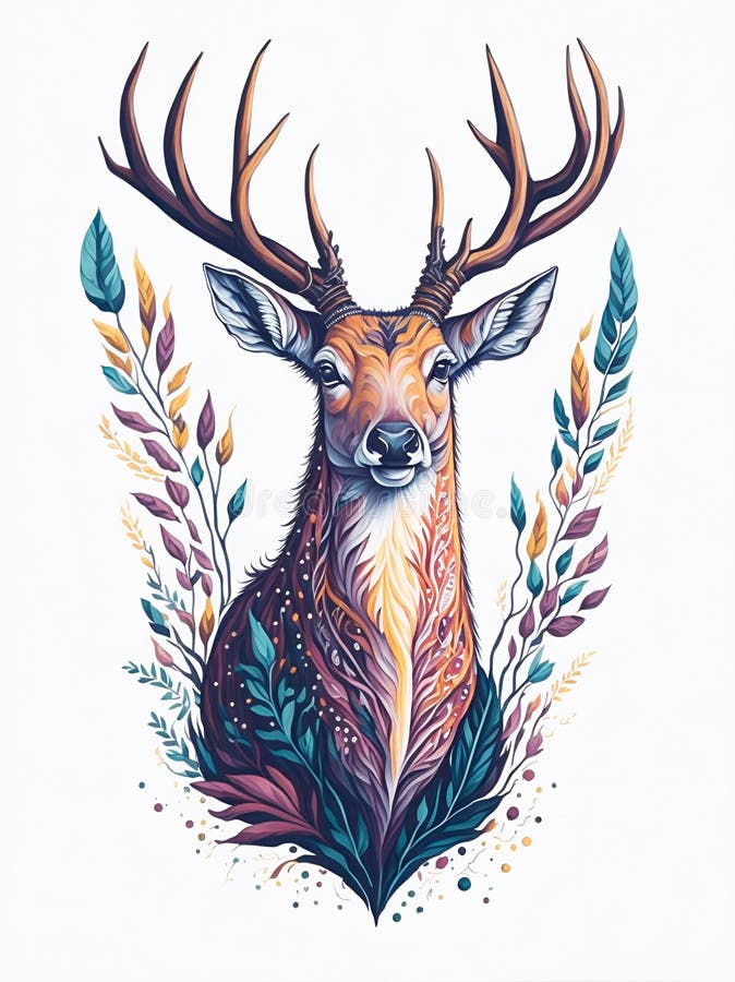 Draw of a Deer in a Front View on a White Background Stock Illustration ...