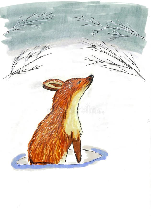Marker Draw of a Fox in the Snow Stock Illustration - Illustration of ...