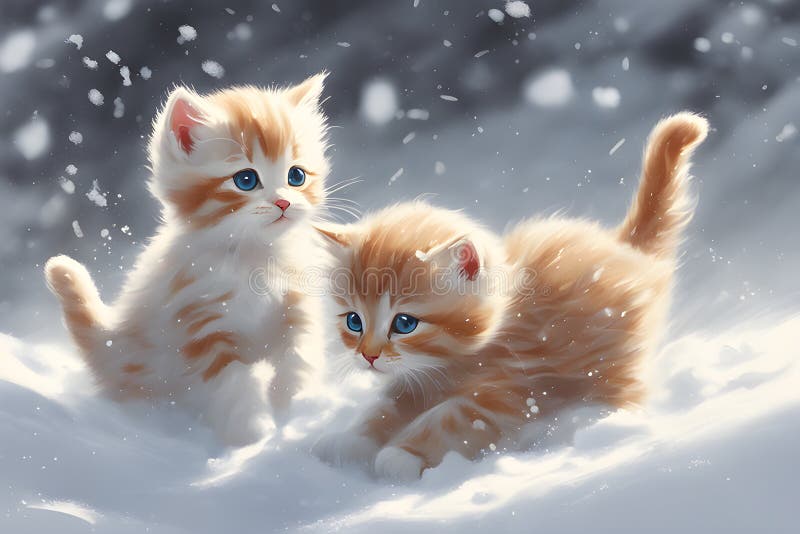 The Draw Kittens Playing in the White Snow Stock Illustration ...