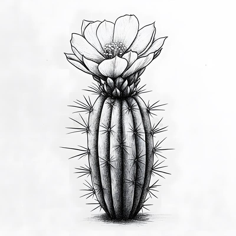 Draw a Minimalist Cactus with Spines and a Single Blooming Flower on ...
