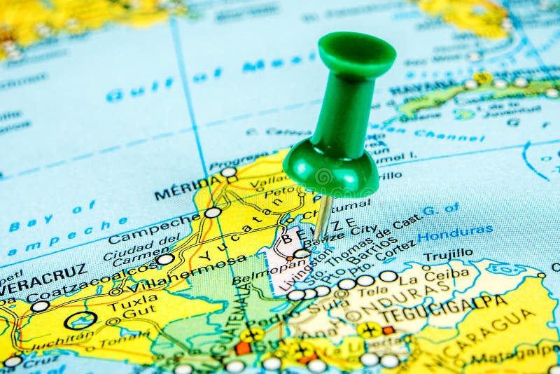 Draw-pin Stick into Real Map, Travelling To Belize Stock Photo - Image ...