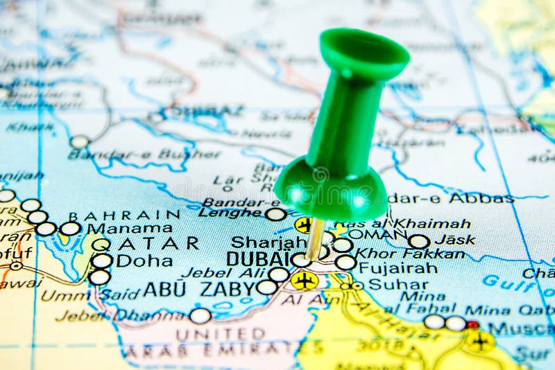 Draw-pin Stick into Real Map, Travelling To Dubai Stock Photo - Image ...