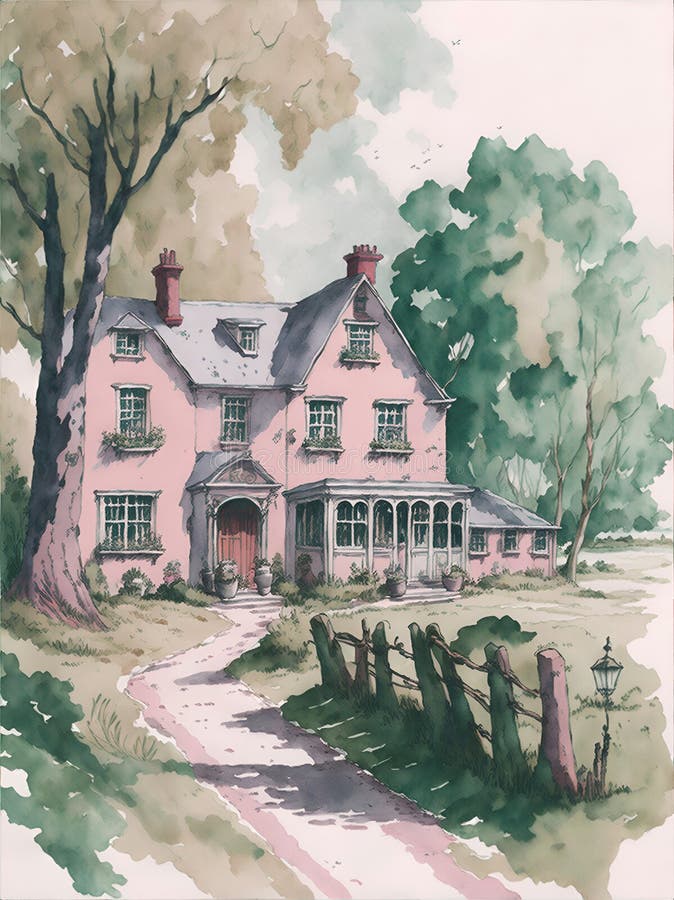 Draw of a Pink House with Trees Arround and a Path To the Door Stock ...