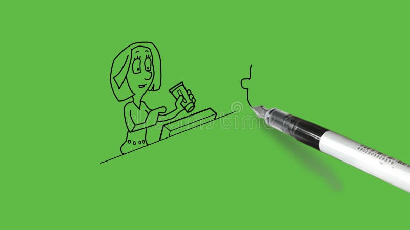 Draw Receptionist Sit on Reception Seat Work on Computer Hold Right ...