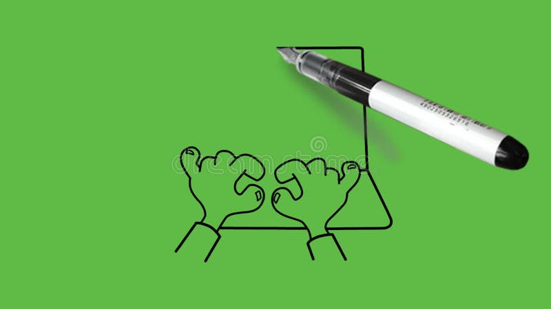 Draw Working Laptop with Black Outline on Abstract Green Screen ...