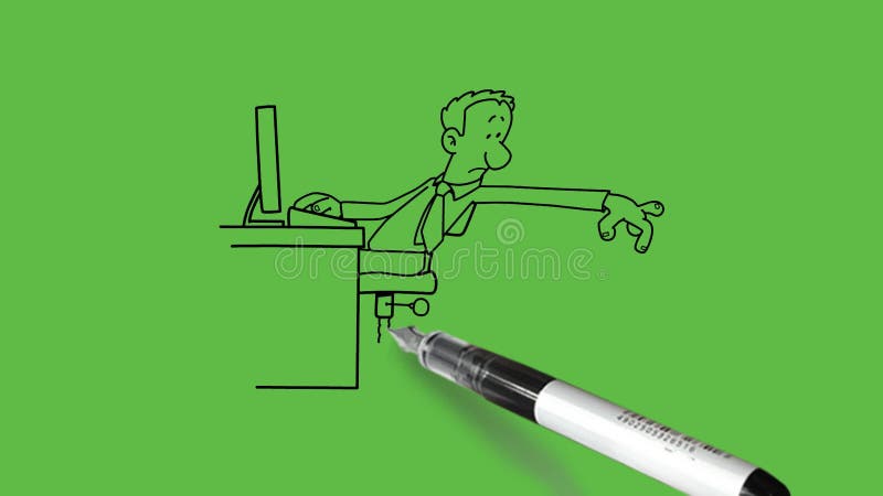 Draw Young Man Sit on Adjustable Office Chair Do Work on Computer Place ...