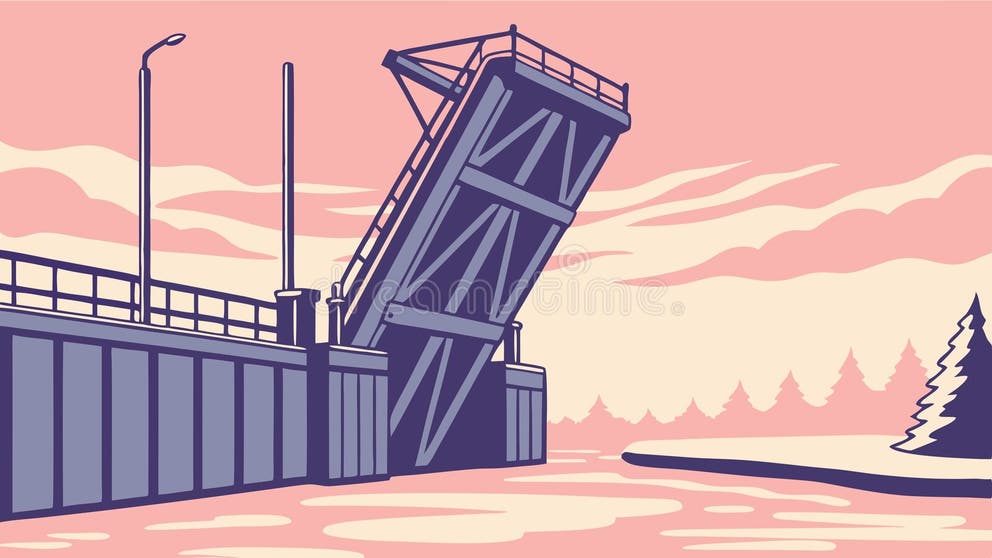 Drawbridge Raising Over Water, Engineering and Transition, Vector ...