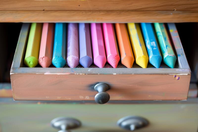 Drawer Ajar with Pastel Chalks Arrayed in Rows Stock Photo - Image of ...