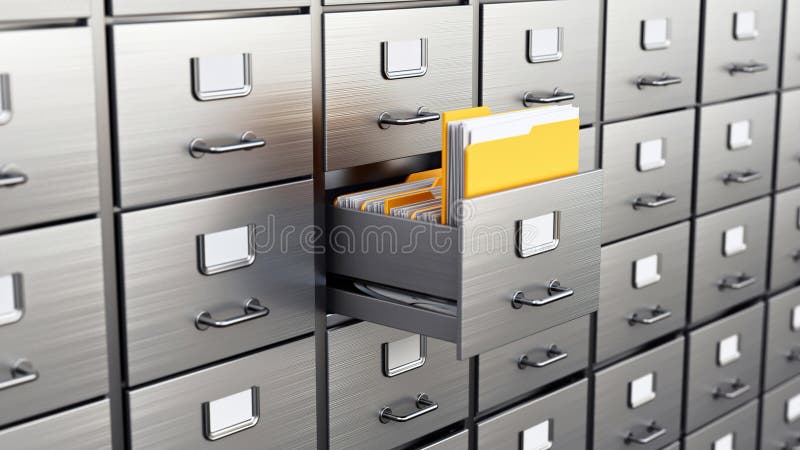 A Drawer of a Filing Cabinet Opens and a Yellow Folder is Taken. 3D ...