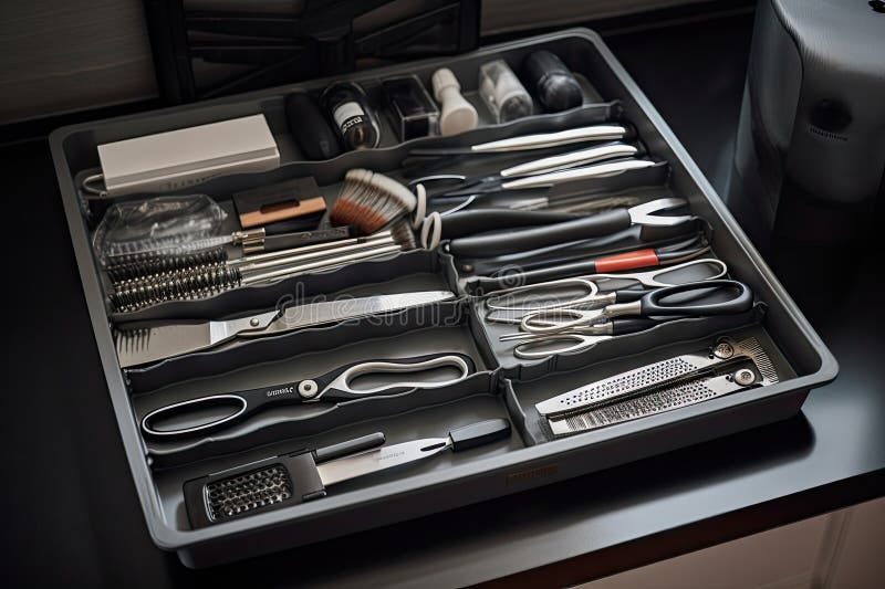 A Drawer Filled with Different Grooming Tools, Including Scissors, Nail ...