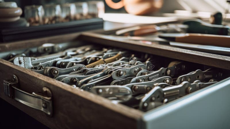 A Drawer Filled with Lots of Tools Sitting on Top of a Table ...