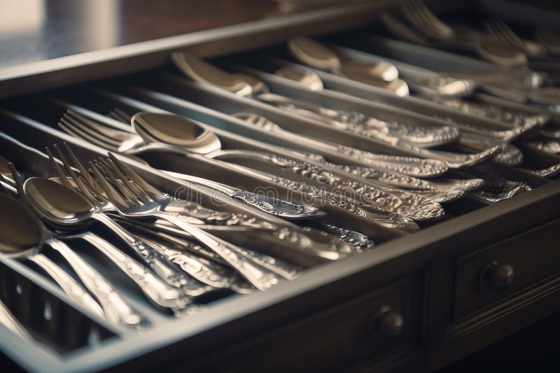 A Drawer Full of Silverware with Spoons and Forks Stock Illustration ...