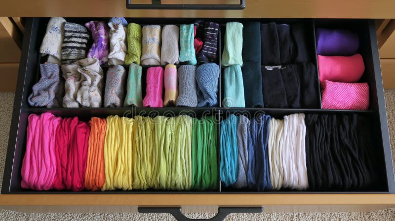 A Drawer Showcases an Array of Neatly Folded Socks and Colorful ...