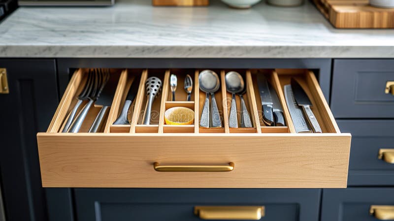 A Drawer with Silverware and Utensils in it on a Counter, AI Stock ...