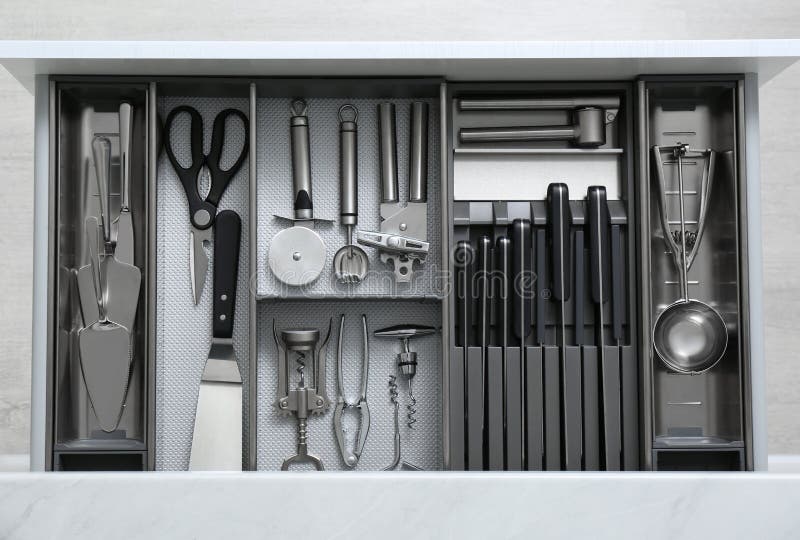 Drawer with Stainless Steel Utensil Set, Top View. Order in Kitchen ...