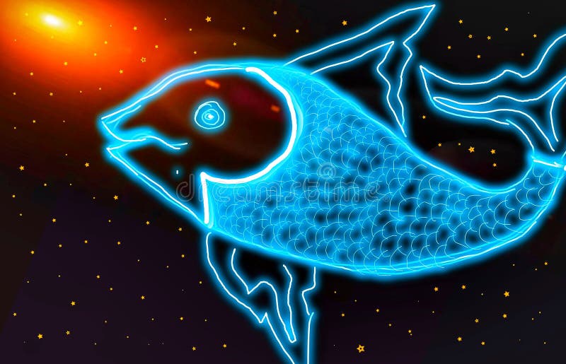 Drawing of Abstract Space Side Big Fish, with Star and Sun, on Dark ...