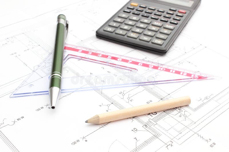 Drawing Accesories and Calculator on Housing Plan Stock Image - Image ...