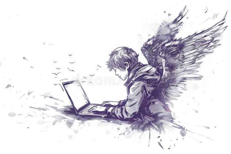 A Drawing of an Angel Using a Laptop, Suitable for Technology Concepts ...