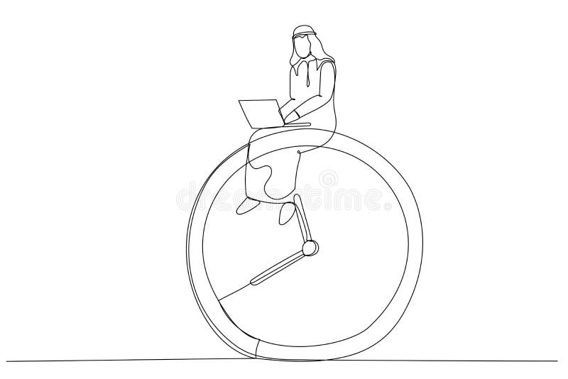 Drawing of Arab Businessman Using Computer Laptop Sitting on Clock ...