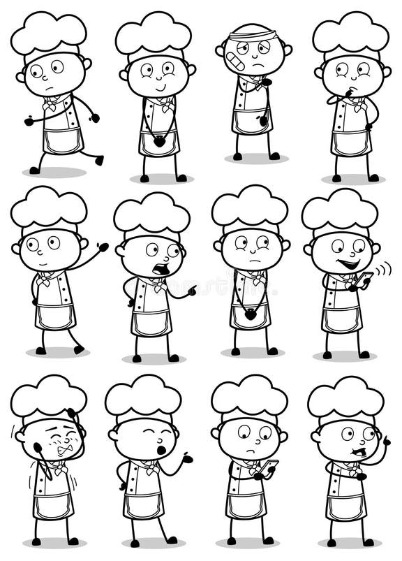 Drawing Art of Comic Chef Poses - Set of Concepts Vector Illustrations ...