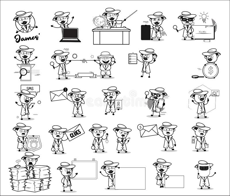 Drawing Art of Comic Detective Agent - Set of Concepts Vector ...