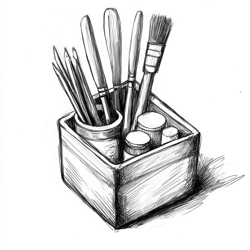 Drawing of Art Supplies in a Wooden Container with Shadowing Stock ...