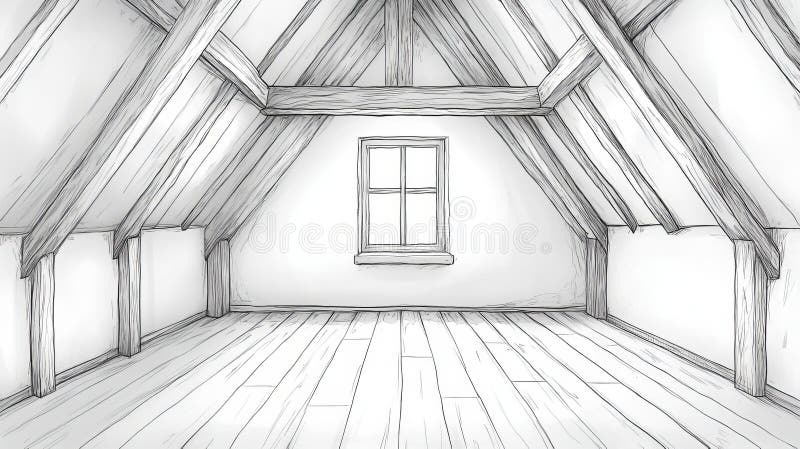 Drawing of an Attic Room Featuring Wooden Beams and Windows Stock Photo ...