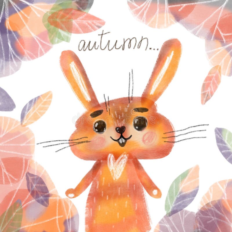 Autumn Rabbit with Orange Scarf on Pink Background in Cartoon Style ...