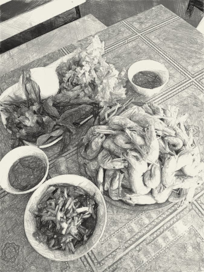 Drawing Back and White of Food on Table Stock Photo - Image of sketch ...