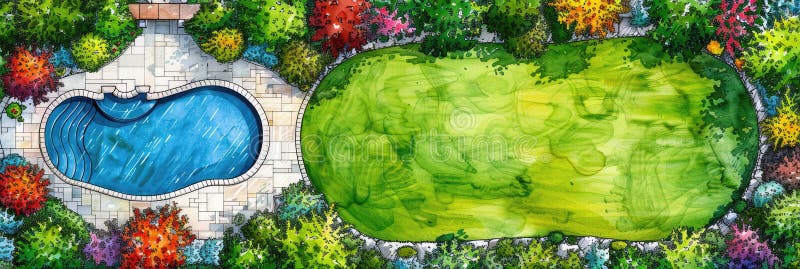A Drawing of a Backyard with a Pool and Grass Stock Photo - Image of ...