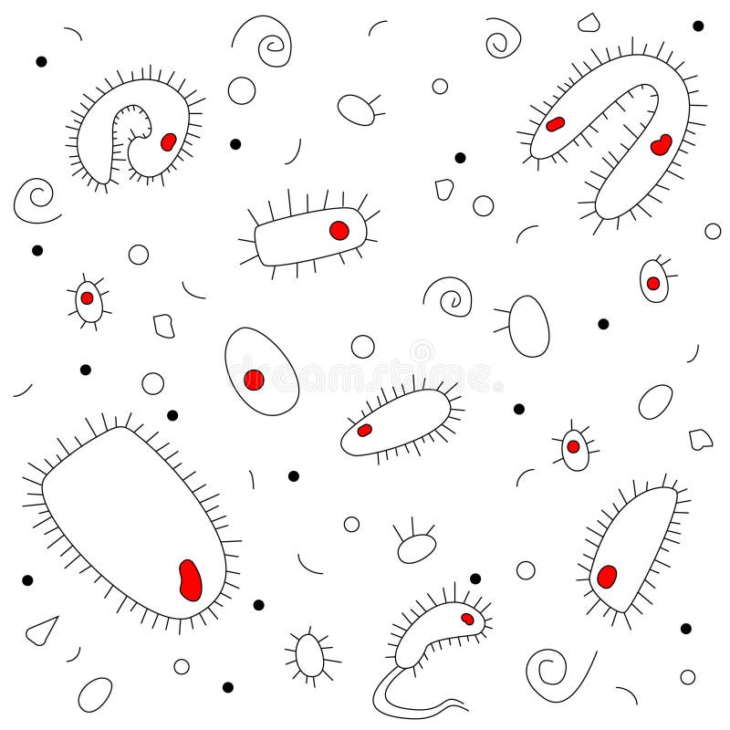 Drawing of Bacteria Under a Microscope in Black, White, Red Colors ...