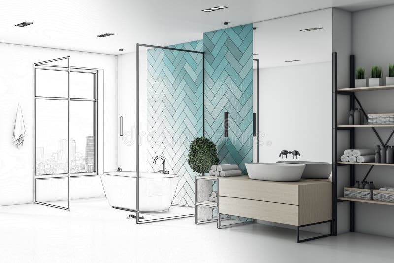 Drawing Bathroom Interior with White Bath Stock Illustration ...