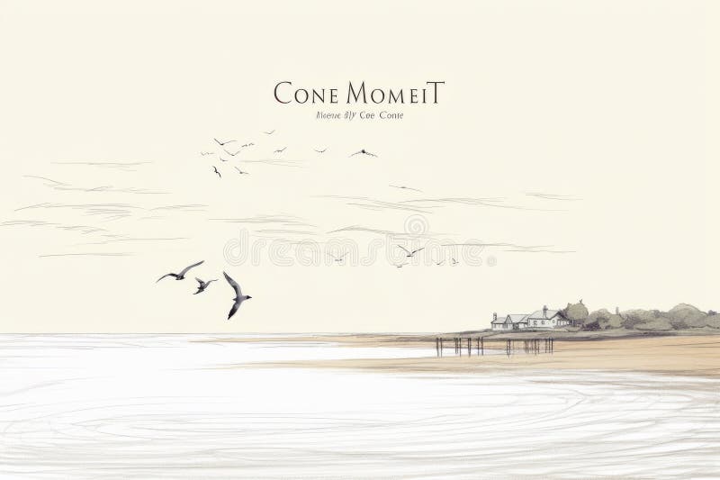 A Drawing of a Beach with Birds Flying Over it Stock Illustration ...