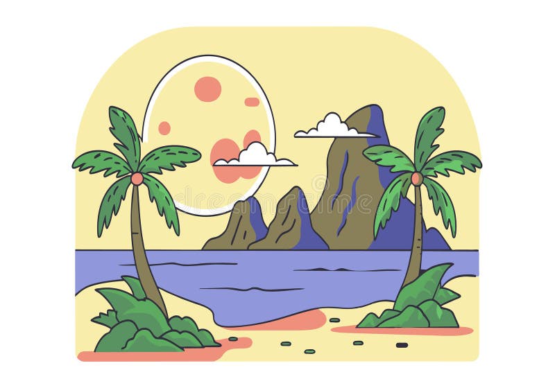 A Drawing of a Beach with Palm Trees and a Large Moon in the Sky Stock ...